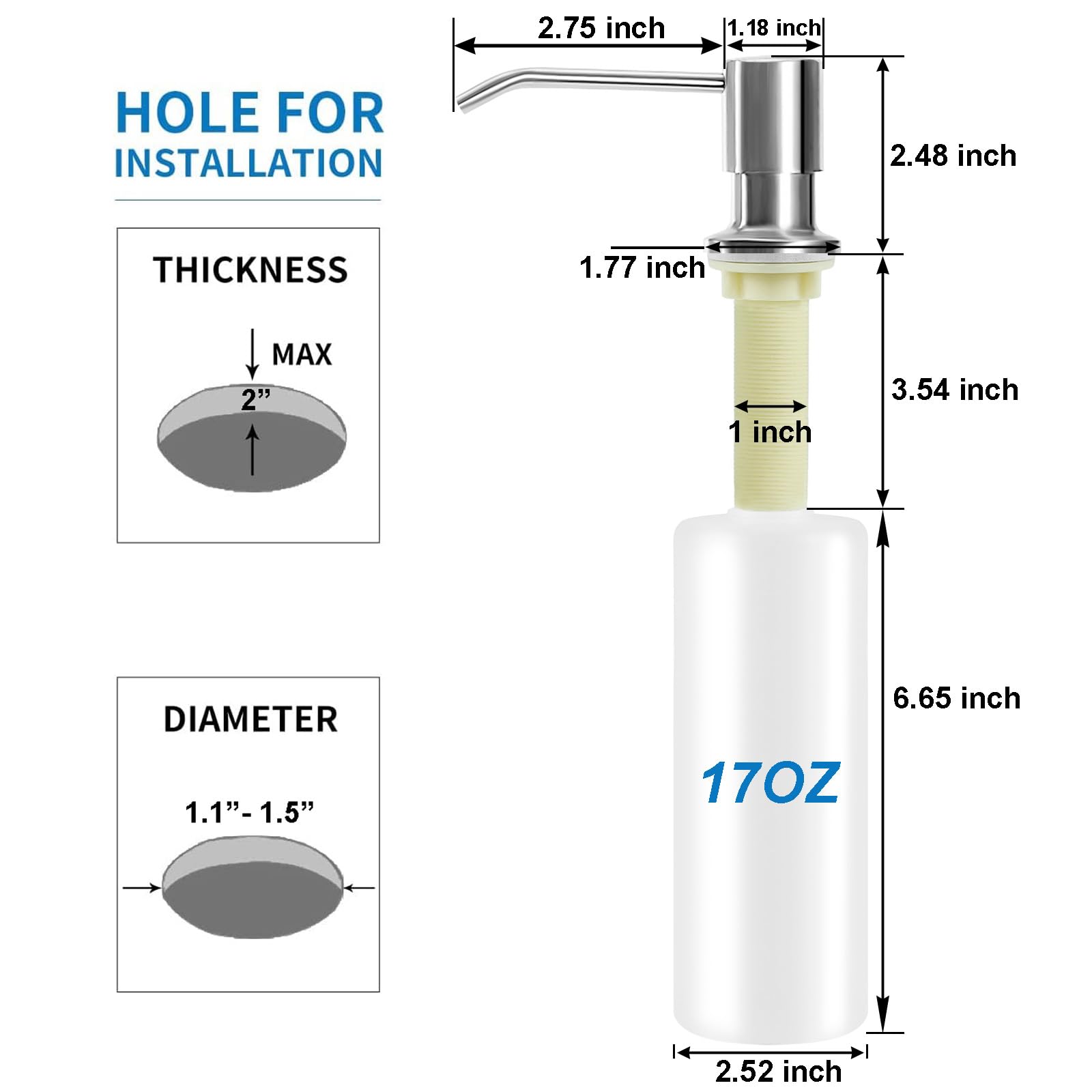 ONMUST Soap Dispenser for Kitchen Sink, Built in Soap Dispensers with 46 Inches Tube Connects Directly to Soap Bottle, No More Frequent Refills, Countertop Sink Soap Dispenser Pump with 500ML Bottle