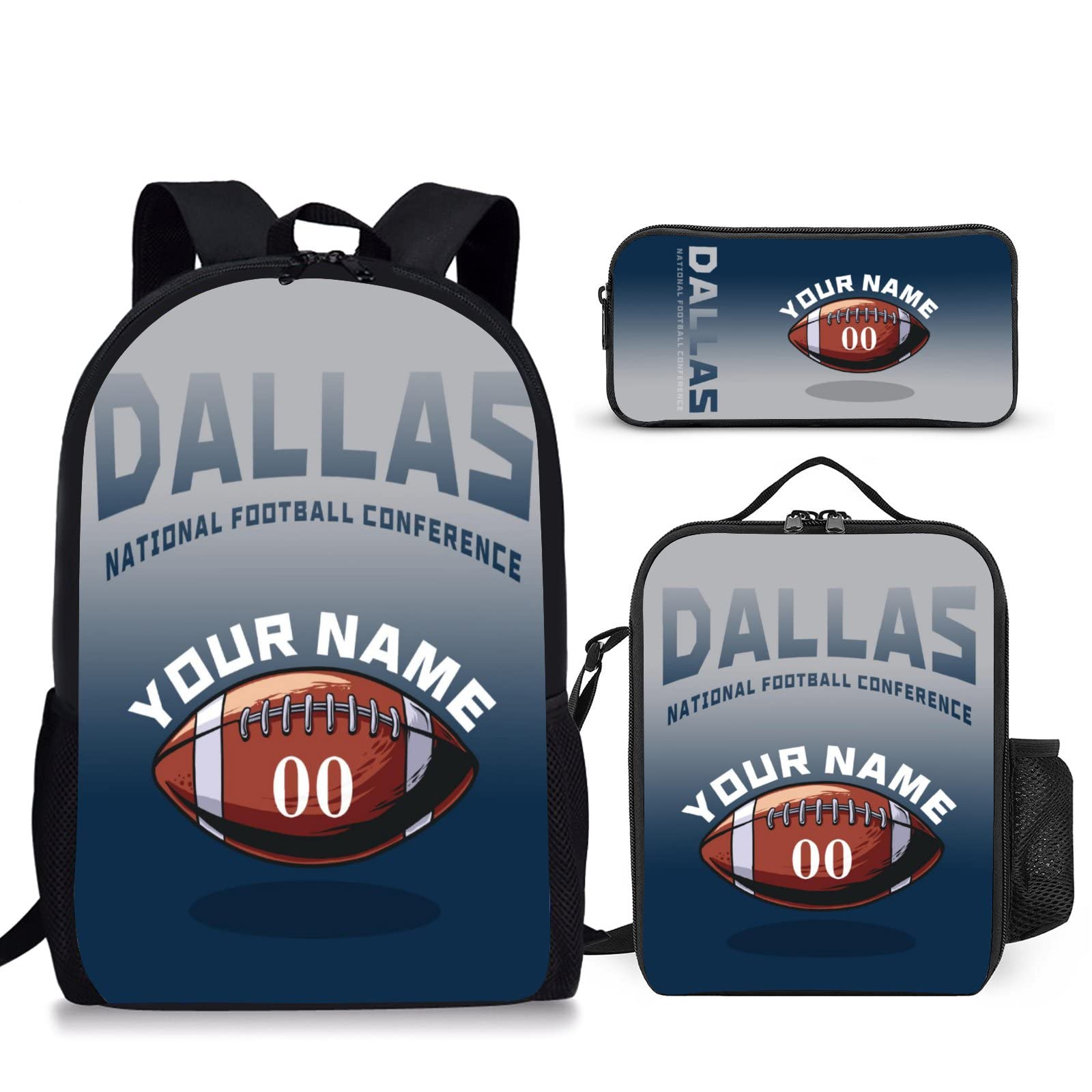 Quzeoxb Personalized Dallas Backpack Set with Name and Number - 3 Piece School Bag, Lunch Box and Pencil Case for Boys Girls Gifts