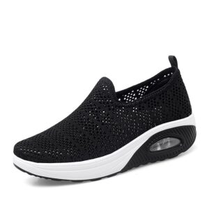 cubicbee women's platform walking shoes breathable mesh air cushion sneakers,orthopedic diabetic walking shoes,casual comfort slip-on beach shoes (black-1,9)