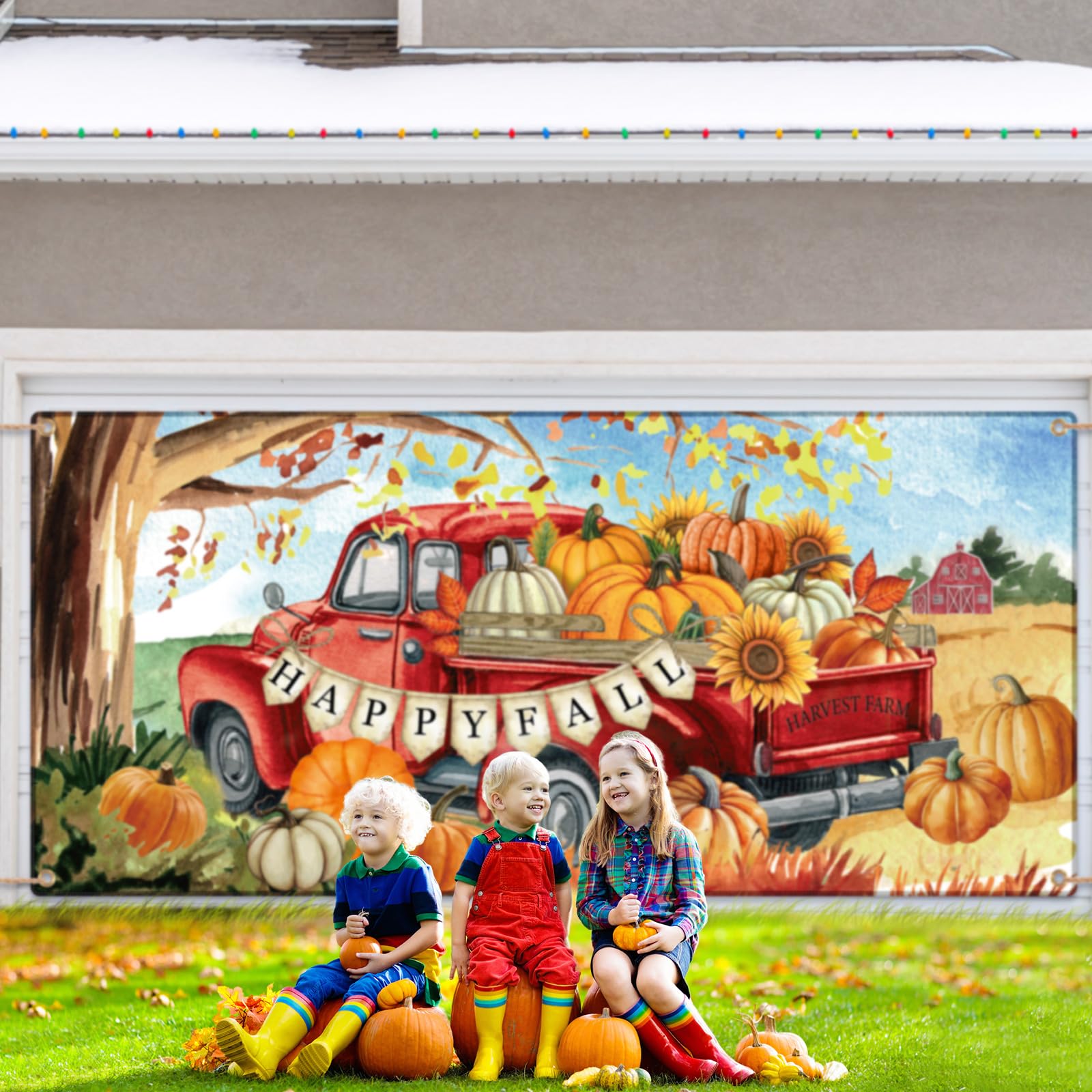 Preboun Fall Thanksgiving Garage Door Banner 6 x 13ft Extra Large Red Car Pattern Happy Fall Garage Door Decorations Backdrop with String Pumpkins Garage Door Cover for Outside Party Wall Window Yard