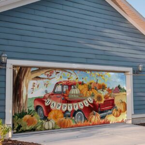 Preboun Fall Thanksgiving Garage Door Banner 6 x 13ft Extra Large Red Car Pattern Happy Fall Garage Door Decorations Backdrop with String Pumpkins Garage Door Cover for Outside Party Wall Window Yard