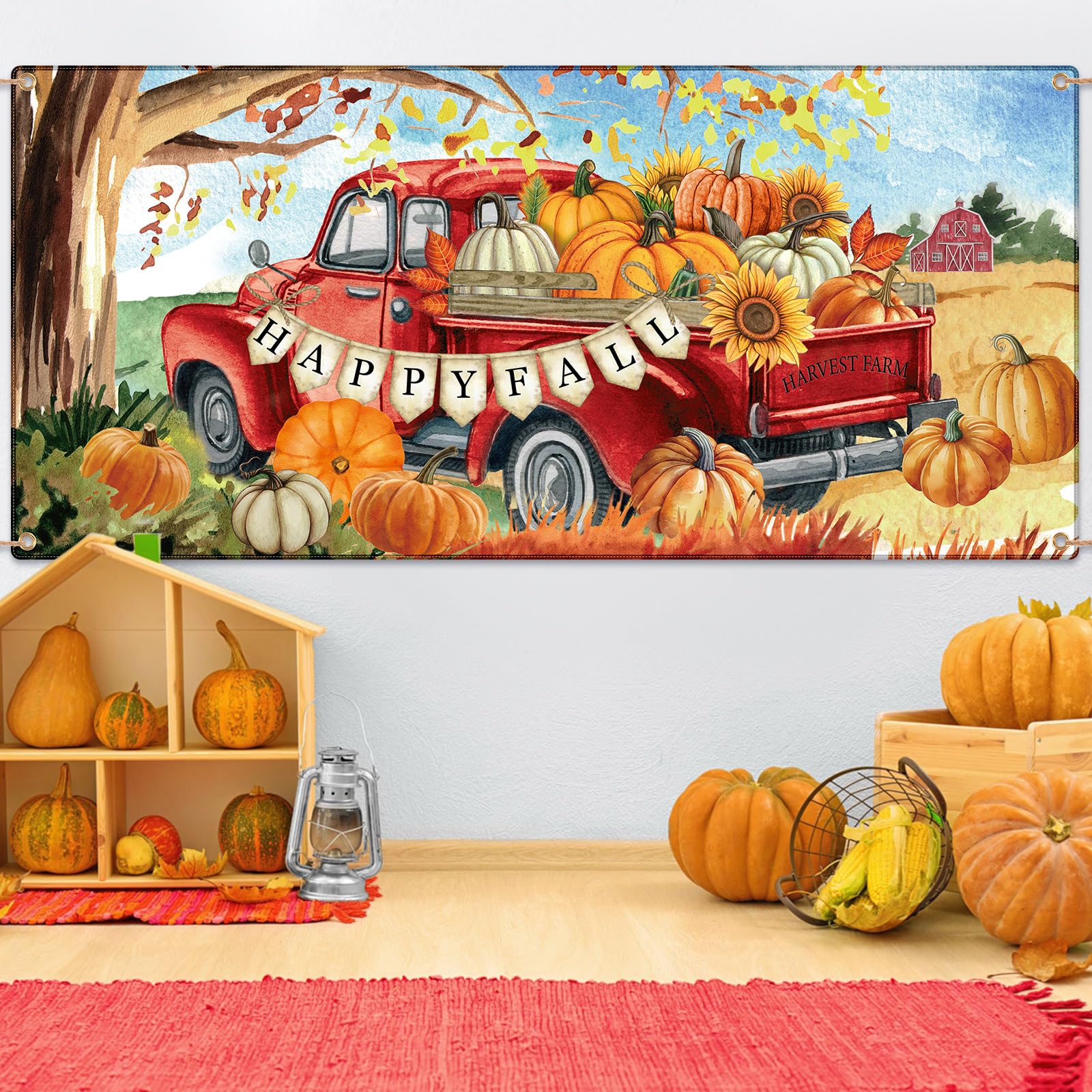 Preboun Fall Thanksgiving Garage Door Banner 6 x 13ft Extra Large Red Car Pattern Happy Fall Garage Door Decorations Backdrop with String Pumpkins Garage Door Cover for Outside Party Wall Window Yard