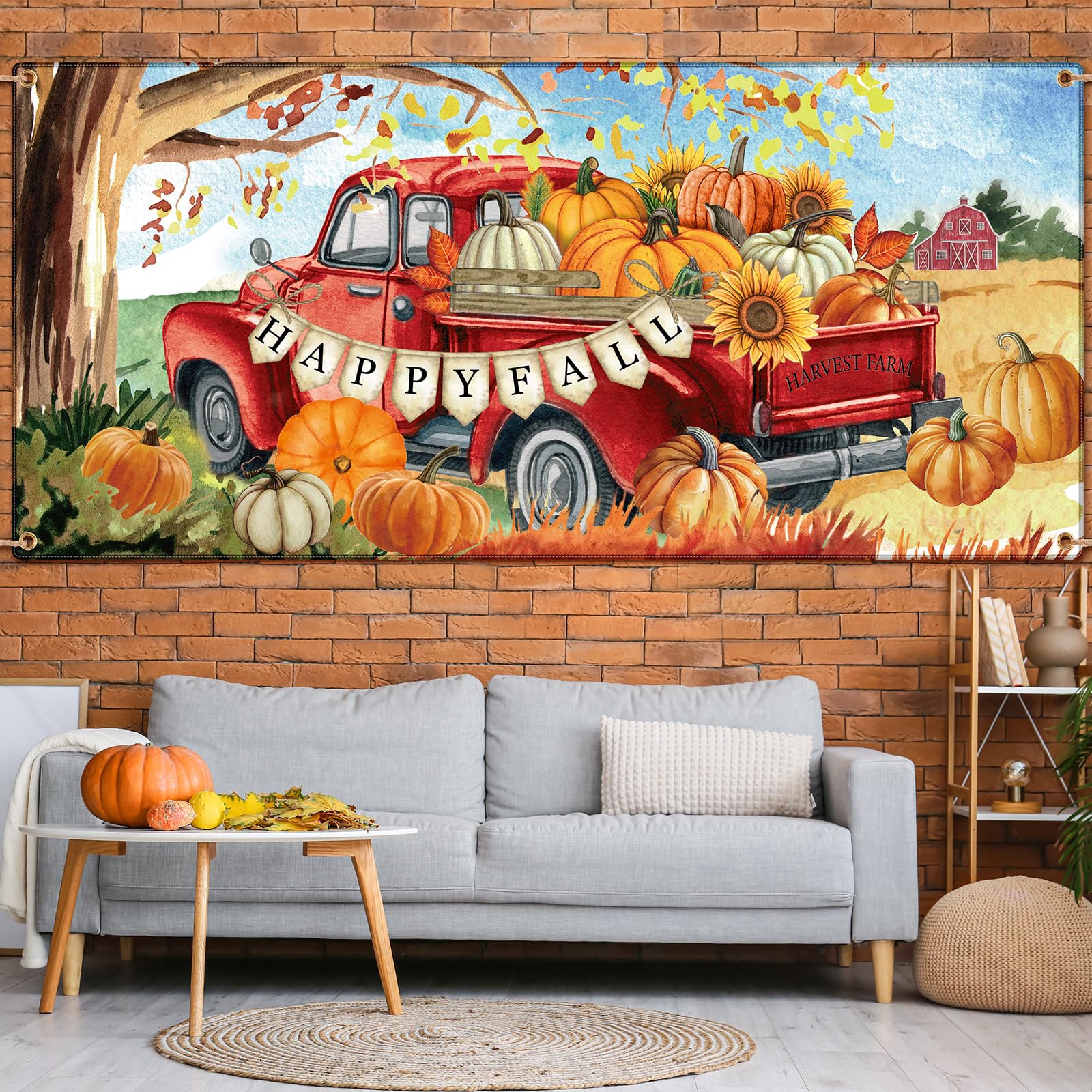 Preboun Fall Thanksgiving Garage Door Banner 6 x 13ft Extra Large Red Car Pattern Happy Fall Garage Door Decorations Backdrop with String Pumpkins Garage Door Cover for Outside Party Wall Window Yard