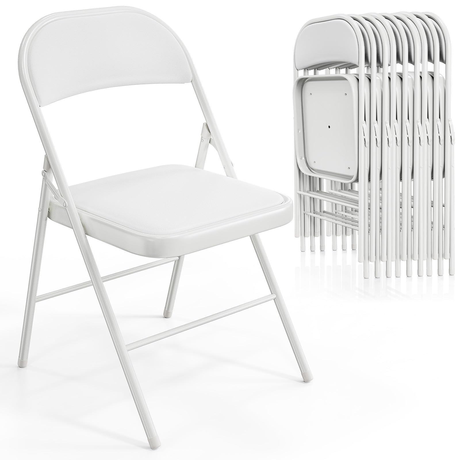 VINGLI Folding Chairs with Padded Seats, Metal Frame with Pu Leather Seat & Back, Capacity 350 lbs, White, Set of 10