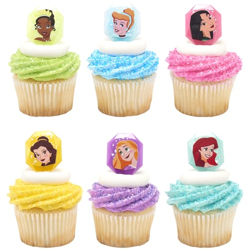 DecoPac Disney Princess Gemstone Rings, Cupcake Decorations Featuring Mulan, Cinderella, Tiana, Belle, Rapunzel and Ariel, Multicolored 3D Food Safe Cake Toppers – 24 Pack