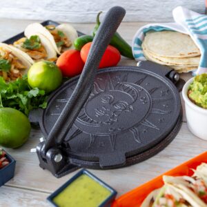 Cast Iron Tortilla Press 8 Inch - Flour Tortilla Press with 100 Pcs of Parchment Paper for Prensa Para Tortillas de Harina - Free Recipes for Flour Tortilla Maker Press - Gray Roti Maker