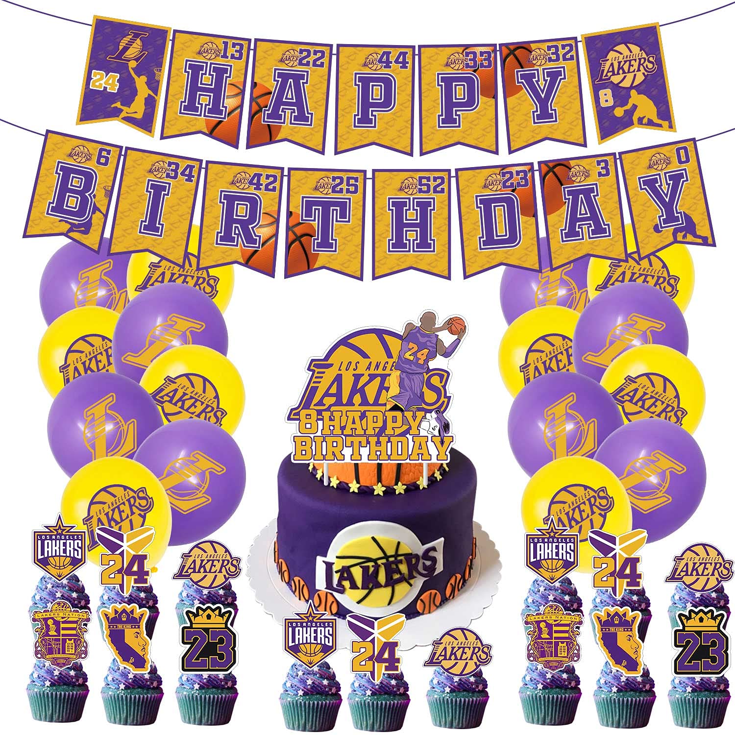 𝓛𝓪𝓴𝓮𝓻𝓼 Kobe Birthday Party Decorations 23 Basketball Party Supplies Includes Cake Cupcake Toppers Balloons Banner for Men Girls Boys