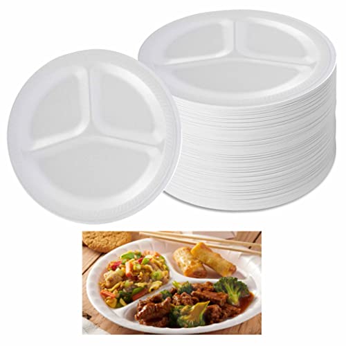 220 Ct Heavy Duty Foam Plates 3 Section Compartment White Soak Proof Bulk 8-7/8" Everyday Disposable Plate Dinner Soak Proof Divided Compartment Tray Eating Parties Events White Round Sturdy Strong