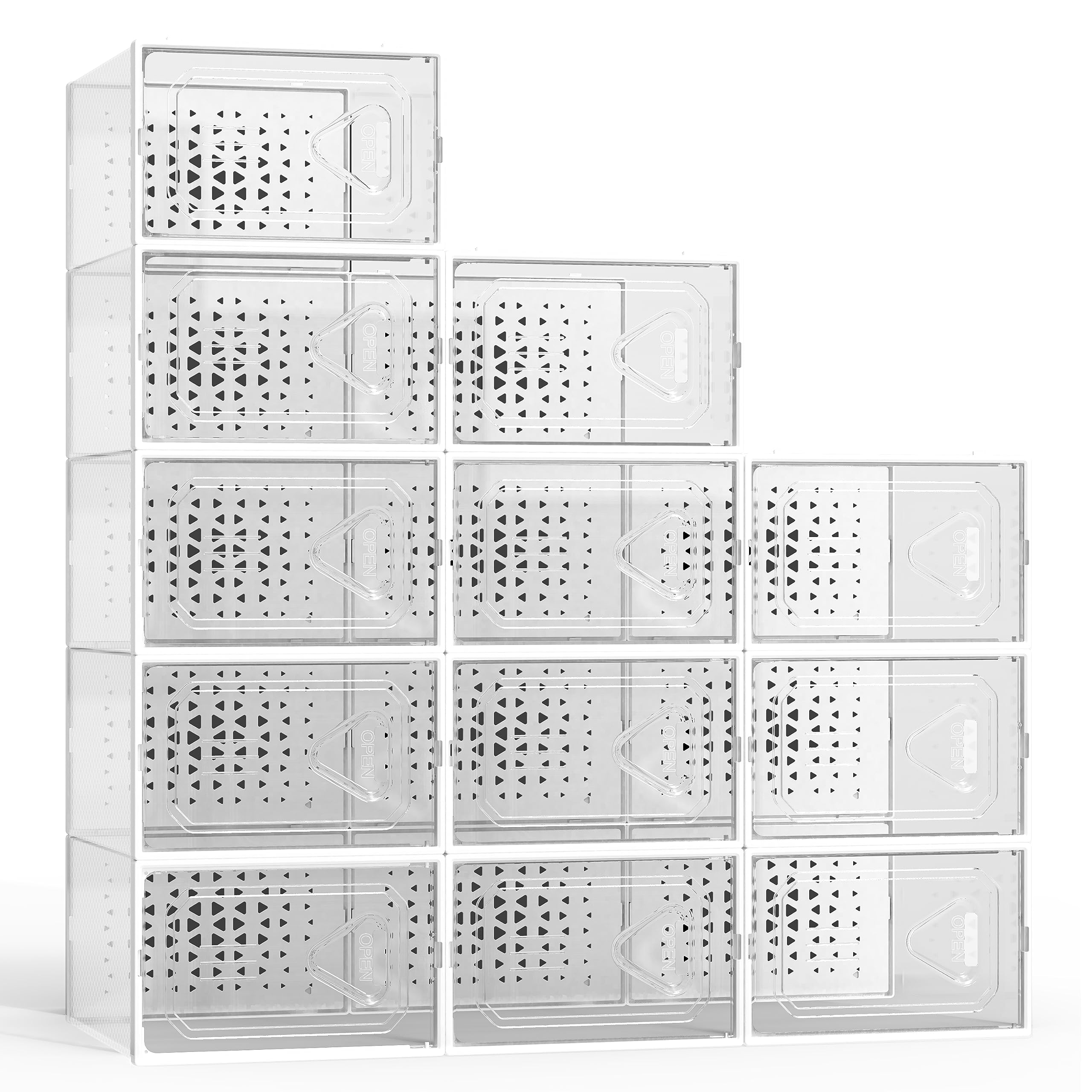 Ancofoo X-Large Shoe Storage Organizer Boxes, Clear Shoe Boxes Stackable Shoe Organizer for Closet, Shoe Containers Bins with Lids, Space Saving for Entryway, White, 12 Pack, Fit Size 11