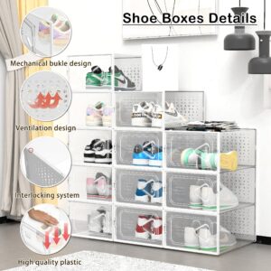 Ancofoo X-Large Shoe Storage Organizer Boxes, Clear Shoe Boxes Stackable Shoe Organizer for Closet, Shoe Containers Bins with Lids, Space Saving for Entryway, White, 12 Pack, Fit Size 11