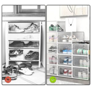 Ancofoo X-Large Shoe Storage Organizer Boxes, Clear Shoe Boxes Stackable Shoe Organizer for Closet, Shoe Containers Bins with Lids, Space Saving for Entryway, White, 12 Pack, Fit Size 11