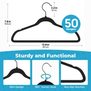 Fontaines Luxury Kid's Black Velvet Felt Non Slip Clothes Hangers 50 Pack - Ultra Slim & Space Saving - Heavy Duty Swivel Black Hook for Children's Clothing, Shirt, Dress, Skirt & Pants Organization