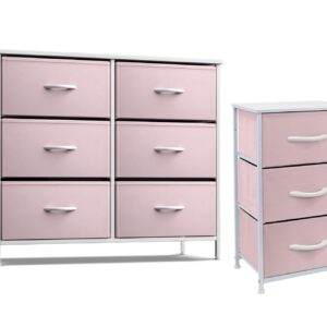 Sorbus Kids Dresser with 6 Drawers and 3 Drawer Nightstand Bundle - Matching Furniture Set - Storage Unit Organizer Chests for Clothing - Bedroom, Kids Rooms, Nursery, & Closet (Pink)