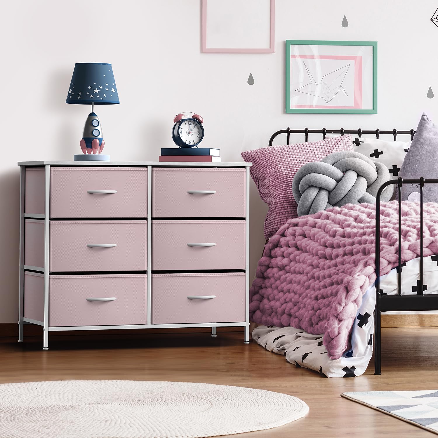 Sorbus Kids Dresser with 6 Drawers and 3 Drawer Nightstand Bundle - Matching Furniture Set - Storage Unit Organizer Chests for Clothing - Bedroom, Kids Rooms, Nursery, & Closet (Pink)