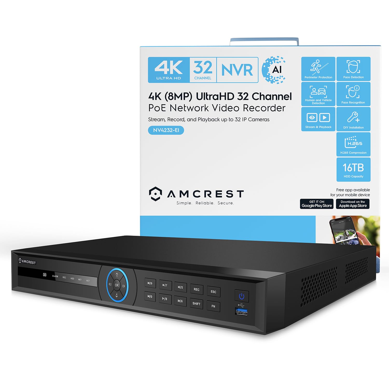 Amcrest 4K 32-Channel AI NVR (16-Port PoE) Smart NVR, Facial Recognition, Facial Detection & Vehicle Detection - Supports 32 x 4K IP Cameras, Supports up to 2 x 16TB HDD (Not Included) NV4232E-16P-EI