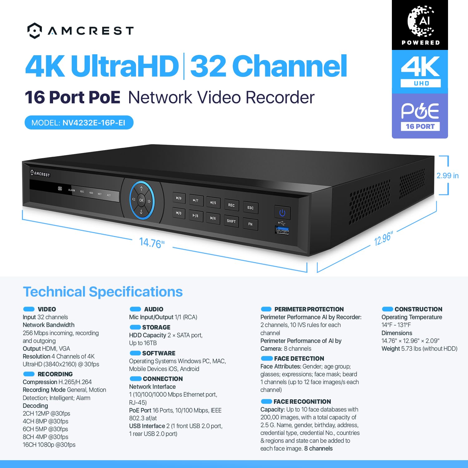 Amcrest 4K 32-Channel AI NVR (16-Port PoE) Smart NVR, Facial Recognition, Facial Detection & Vehicle Detection - Supports 32 x 4K IP Cameras, Supports up to 2 x 16TB HDD (Not Included) NV4232E-16P-EI