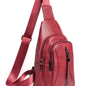 Crossbody Bag for Women - Leather Fanny Pack Sling Fashionable Chest Bag for On-The-Go Travel, Sports, Running, Hiking - Wine Red