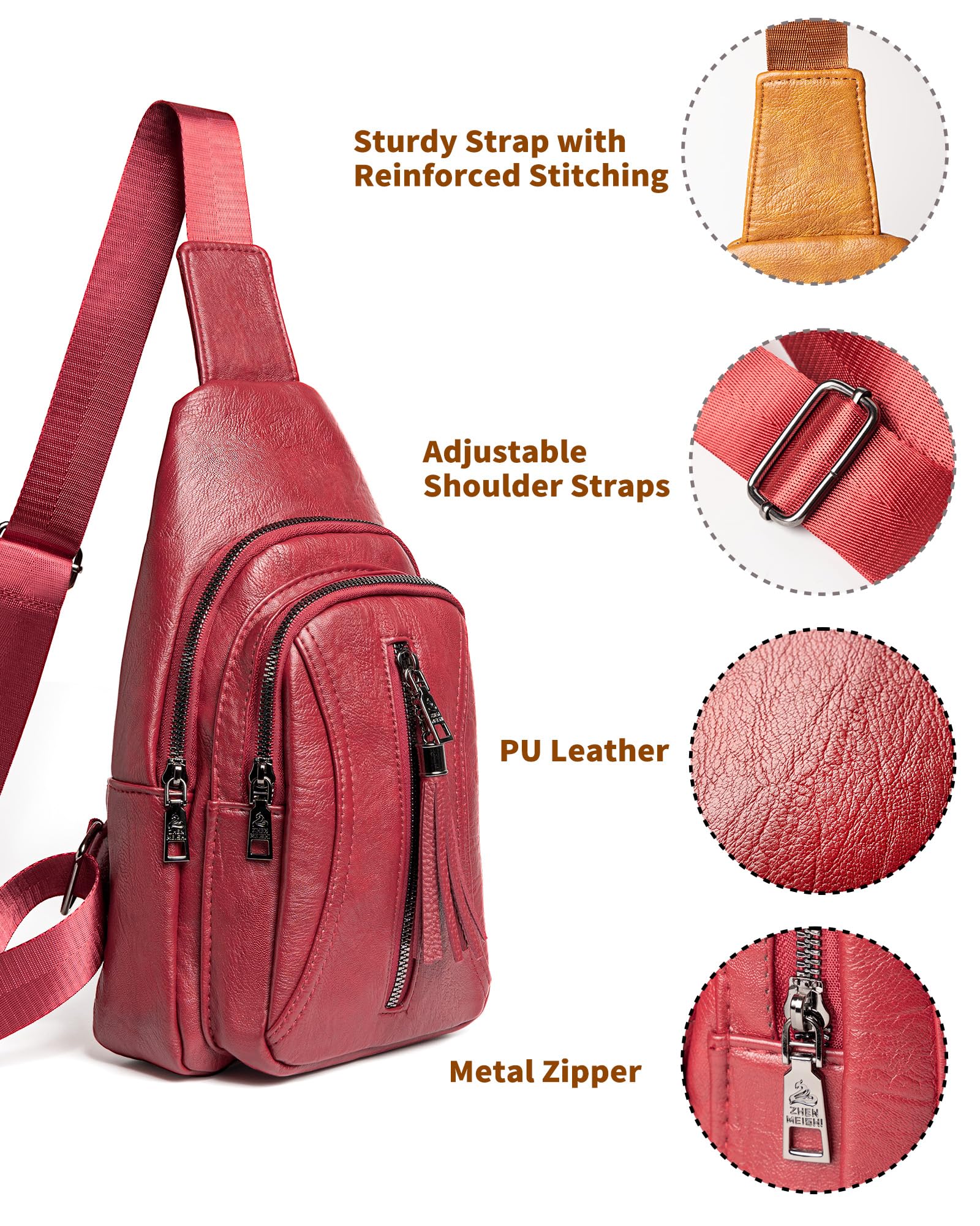 Crossbody Bag for Women - Leather Fanny Pack Sling Fashionable Chest Bag for On-The-Go Travel, Sports, Running, Hiking - Wine Red