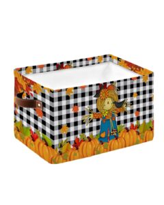 thanksgiving scarecrow storage bins 1 pack, large waterproof storage baskets for shelves closet, fall pumpkin maple leaves black white plaid storage basket foldable storage box cube storage organizer