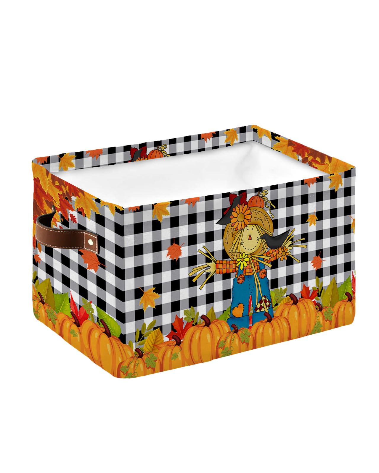 Thanksgiving Scarecrow Storage Bins 1 Pack, Large Waterproof Storage Baskets for Shelves Closet, Fall Pumpkin Maple Leaves Black White Plaid Storage Basket Foldable Storage Box Cube Storage Organizer