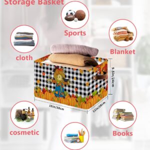 Thanksgiving Scarecrow Storage Bins 1 Pack, Large Waterproof Storage Baskets for Shelves Closet, Fall Pumpkin Maple Leaves Black White Plaid Storage Basket Foldable Storage Box Cube Storage Organizer