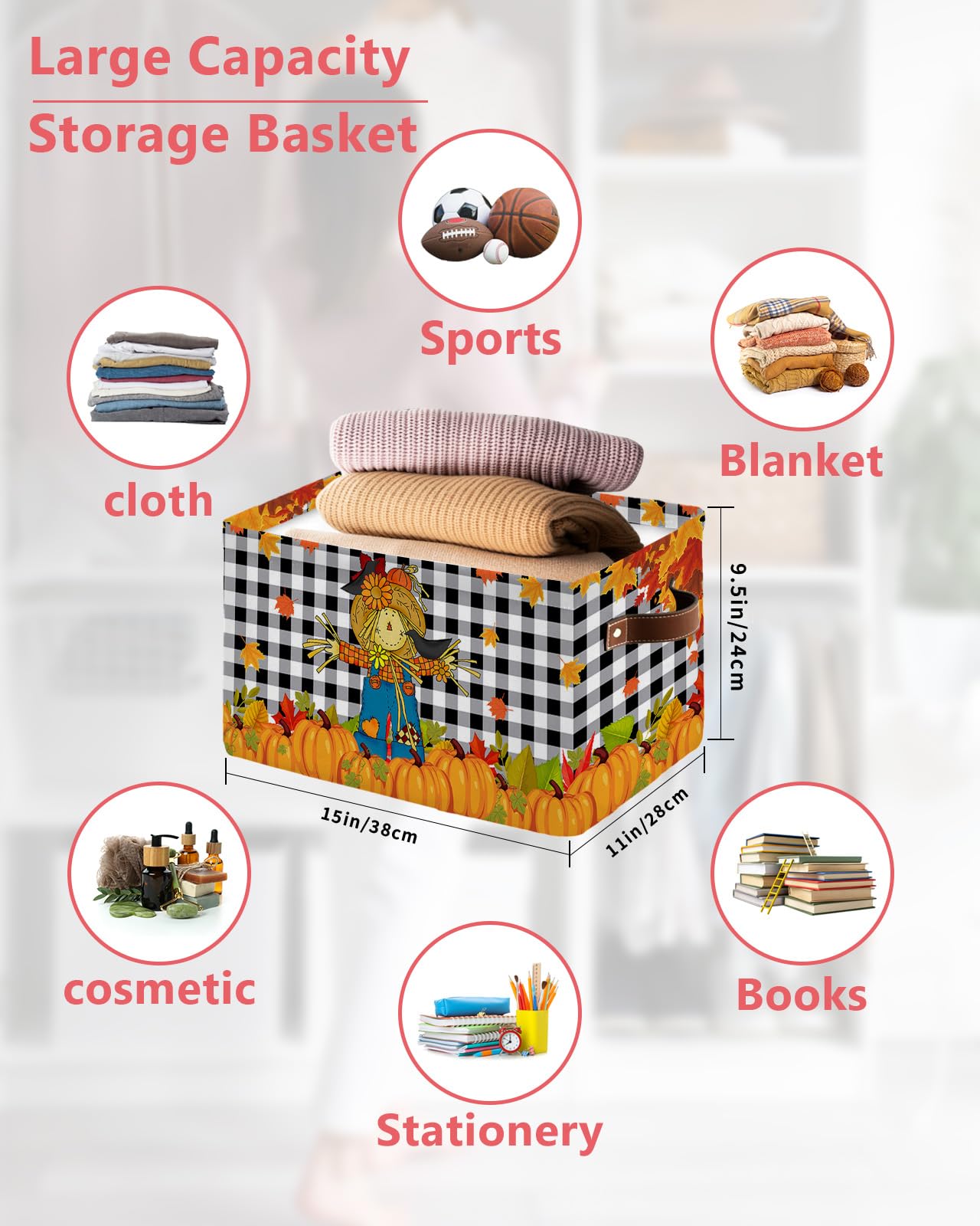 Thanksgiving Scarecrow Storage Bins 1 Pack, Large Waterproof Storage Baskets for Shelves Closet, Fall Pumpkin Maple Leaves Black White Plaid Storage Basket Foldable Storage Box Cube Storage Organizer