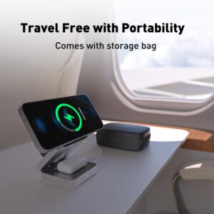 Foluck 3 in 1 Wireless Charging Station for iPhone, Adjustable Magnetic Wireless Charger, Foldable Travel Charging Stand for Multple Devices for iPhone 15/14/13/12 Series, AirPods, Apple Watch