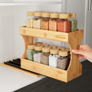 teamkio bamboo spice rack organizer for cabinet, 2-tier pull out spice rack, tool-free install slide out vertical seasoning spice organizer for kitchen cabinet（bottles not included