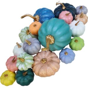 winlyn 18 pcs bulk assorted rustic harvest artificial pumpkins decorative pumpkins faux foam pumpkins in blue green teal for fall harvest autumn wedding thanksgiving halloween party table centerpiece