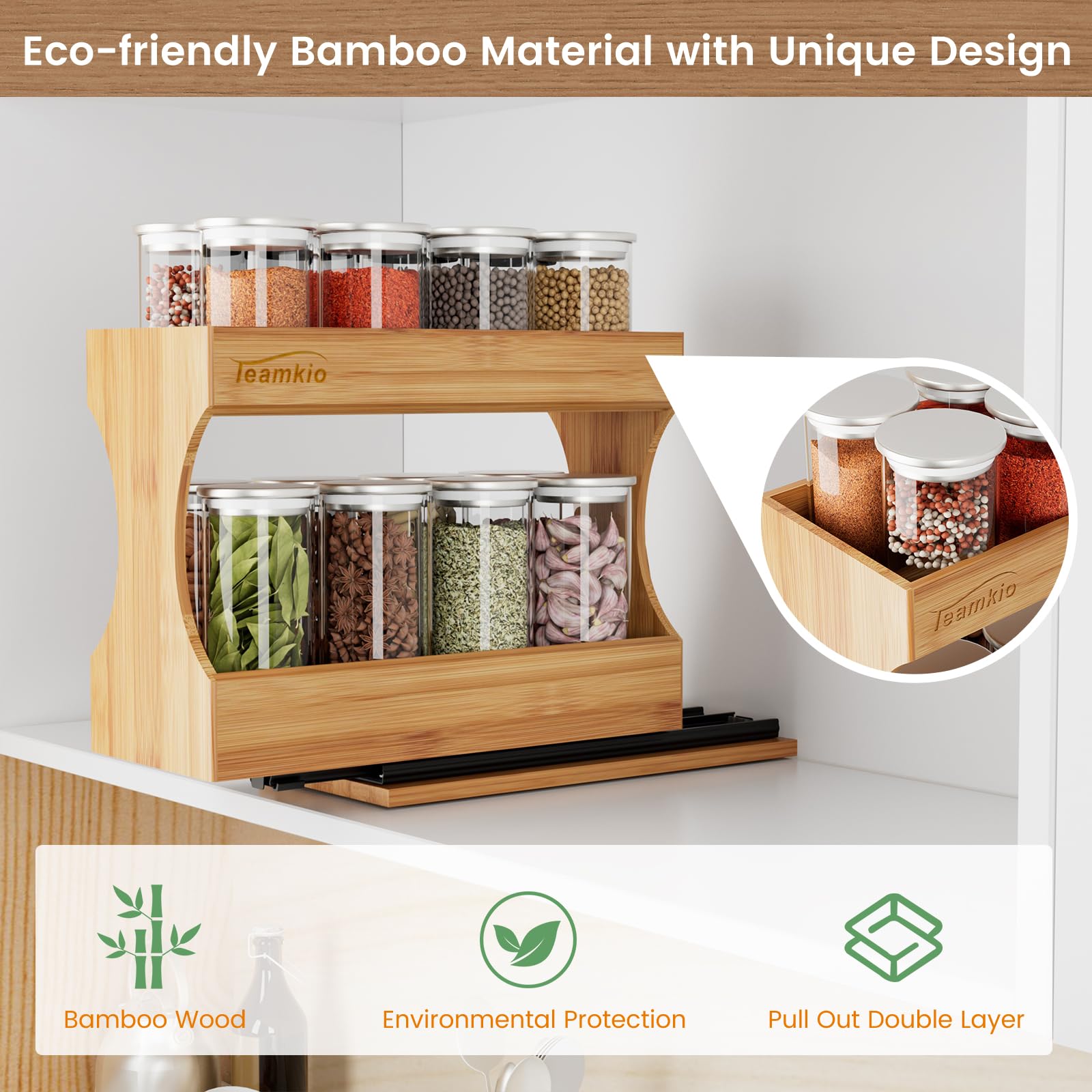 Teamkio Bamboo Spice Rack Organizer for Cabinet, 2-Tier Pull Out Spice Rack, Tool-Free Install Slide Out Vertical Seasoning Spice Organizer for Kitchen Cabinet（Bottles not included