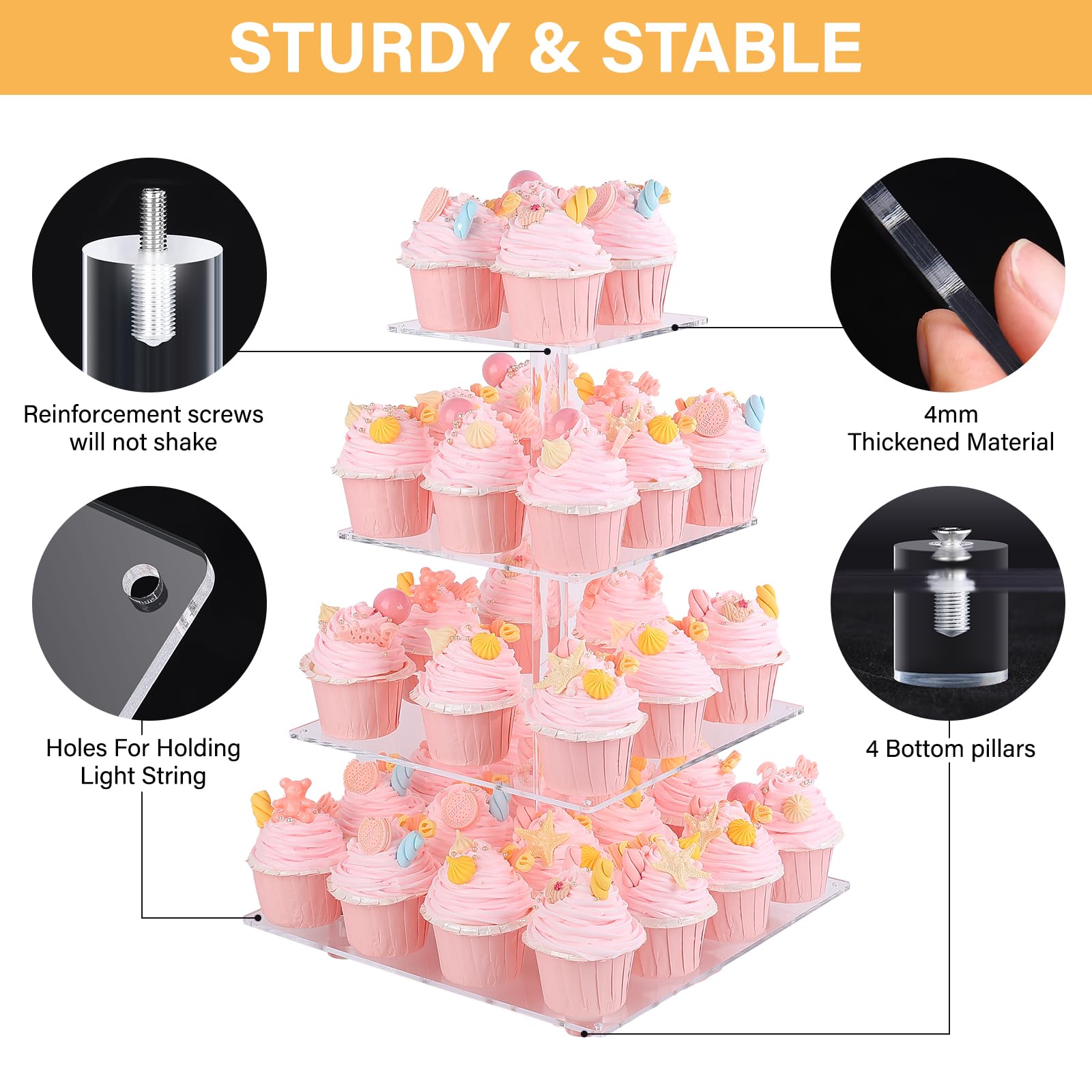 Cupcake Stand with LED String Light, Acrylic Cupcake Display Stand 4 Set Holds More Than 100 Cupcakes,Cupcake Tower Holder for Wedding, Baby Shower, Party Christmas Decoration