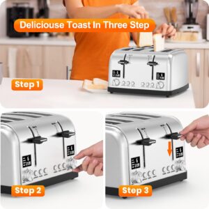 Toaster 4 Slice,Ultra-Clear Led Display, Dual Control Panels With Independent Settings,Retro Stainless Steel Toater with 6 Shade Settings,4 Slice Toaster with Bagel Lainsten Toaster T-5057D (Silver)