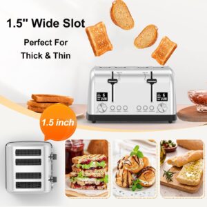 Toaster 4 Slice,Ultra-Clear Led Display, Dual Control Panels With Independent Settings,Retro Stainless Steel Toater with 6 Shade Settings,4 Slice Toaster with Bagel Lainsten Toaster T-5057D (Silver)