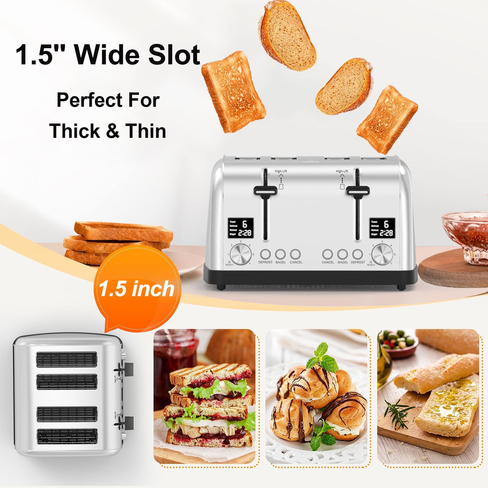 Toaster 4 Slice,Ultra-Clear Led Display, Dual Control Panels With Independent Settings,Retro Stainless Steel Toater with 6 Shade Settings,4 Slice Toaster with Bagel Lainsten Toaster T-5057D (Silver)