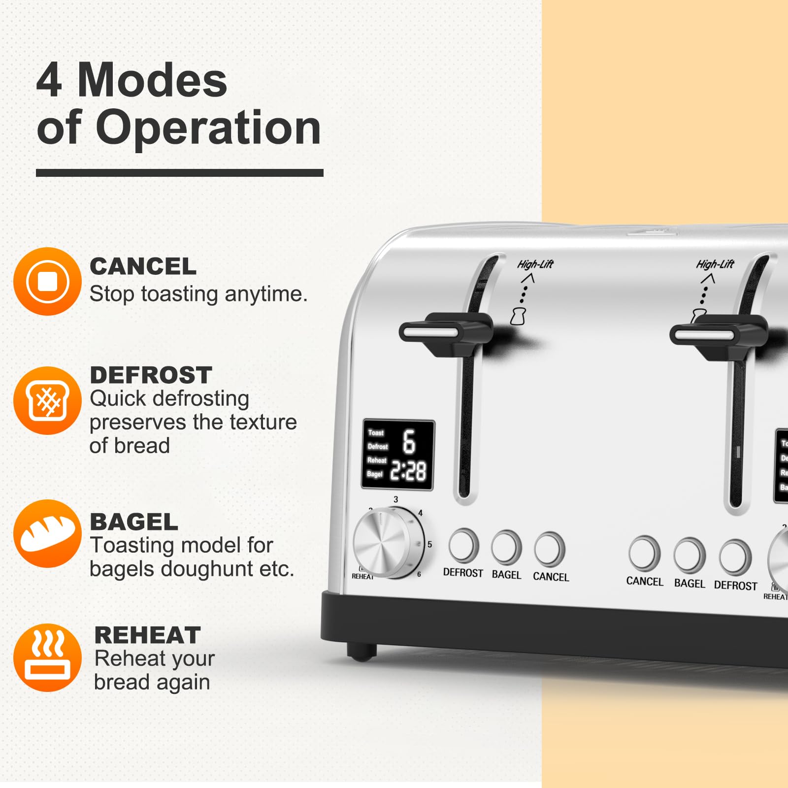 Toaster 4 Slice,Ultra-Clear Led Display, Dual Control Panels With Independent Settings,Retro Stainless Steel Toater with 6 Shade Settings,4 Slice Toaster with Bagel Lainsten Toaster T-5057D (Silver)