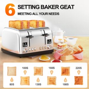 Toaster 4 Slice,Ultra-Clear Led Display, Dual Control Panels With Independent Settings,Retro Stainless Steel Toater with 6 Shade Settings,4 Slice Toaster with Bagel Lainsten Toaster T-5057D (Silver)