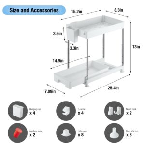 YAOSEN Under Cabinet Sink Organizers 2 Tier, Sliding Cabinet Basket Adjustable Height Sliding, Under Bathroom Storage Rack Multi-Purpose for Bathroom Kitchen with 8 Hooks and 4 Hanging Cups. (2 Pack)