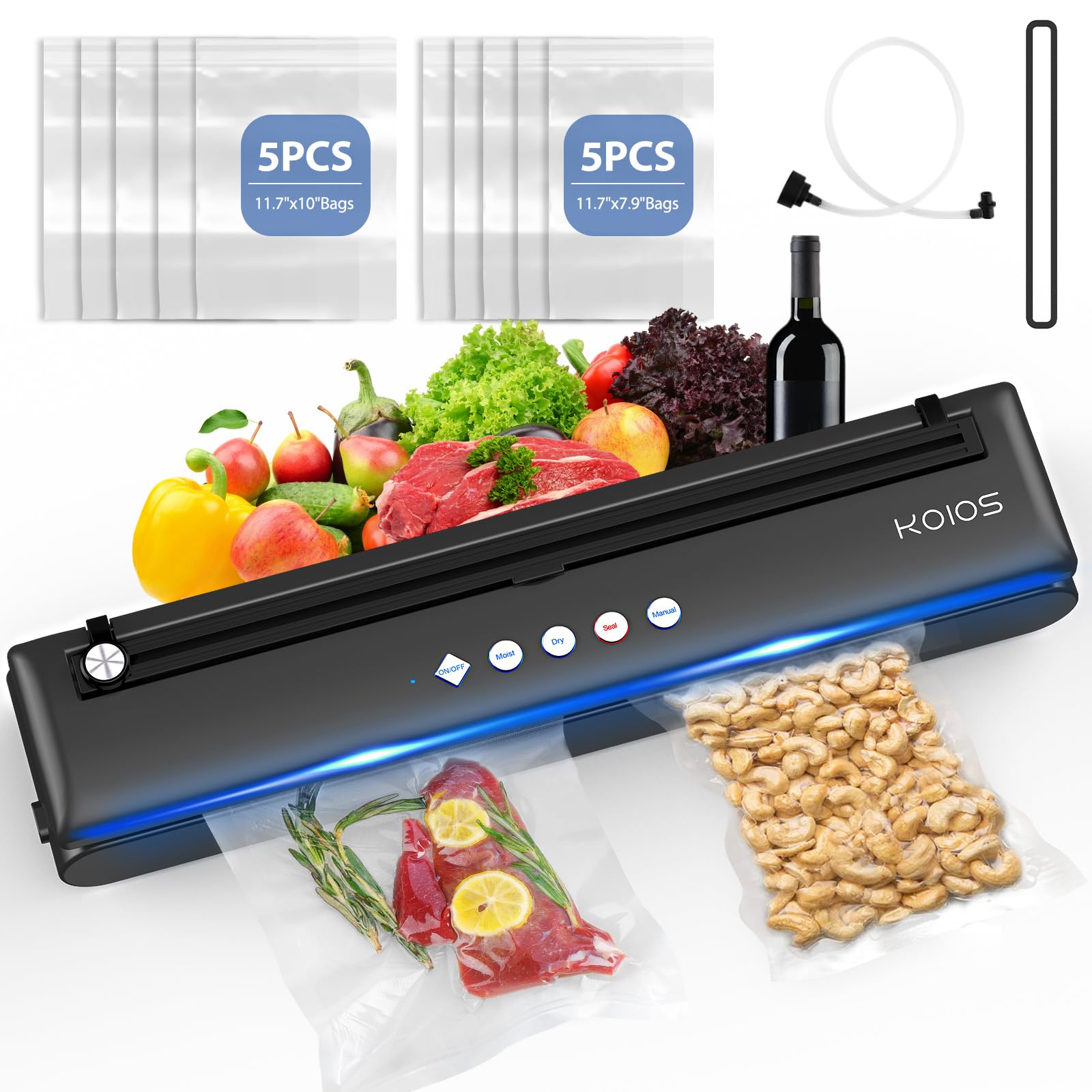 KOIOS Vacuum Sealer Machine, Automatic Food Sealer with Cutter, Dry & Moist Modes, Compact Design Powerful Suction Air Sealing System with 10 Sealing Bags & Air Suction Hose