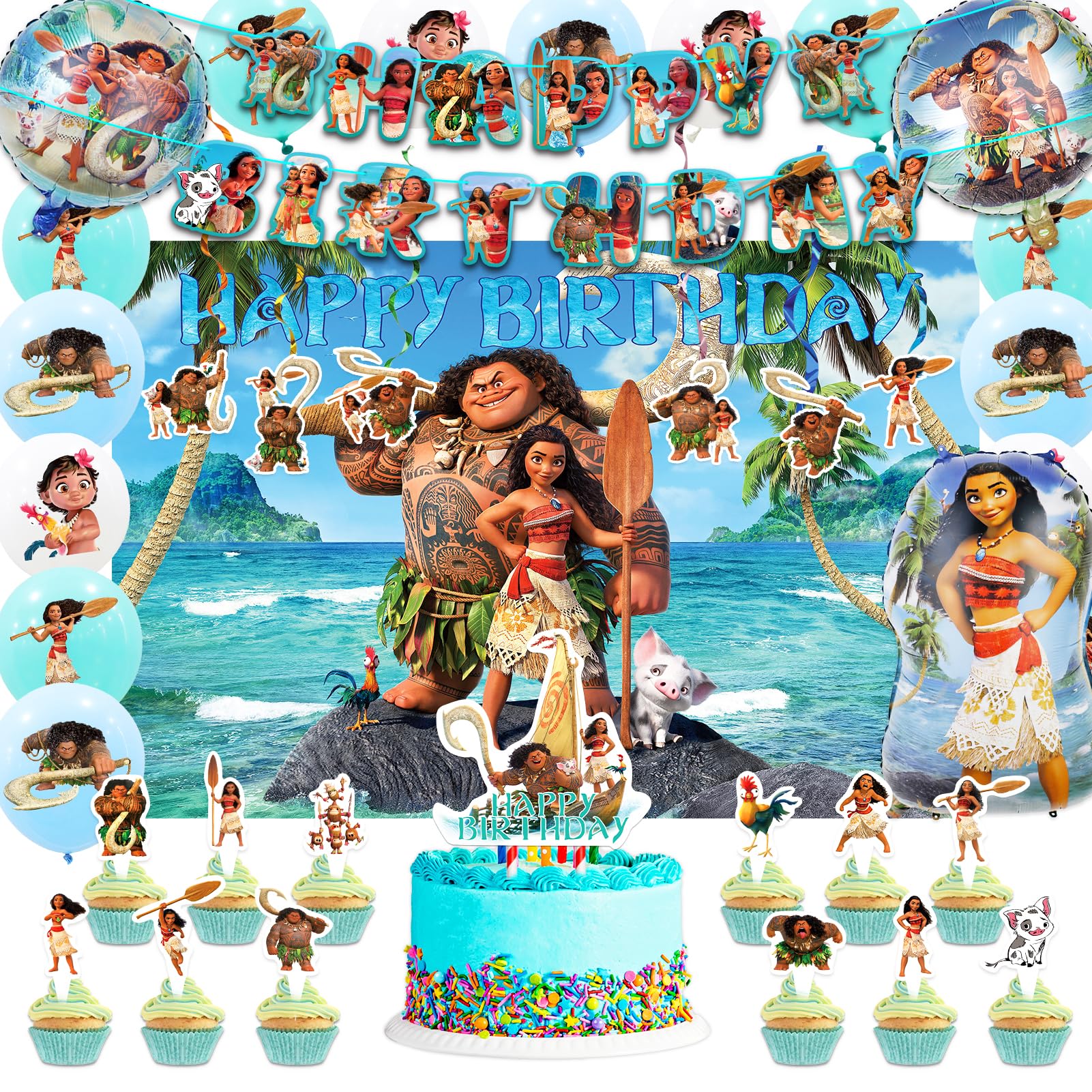 Moana Birthday Party Supplies - Moana Party Decorations include Banner Backdrop Ballons Cake Cupcake Toppers Haning Swirls, Moana Party Supplies