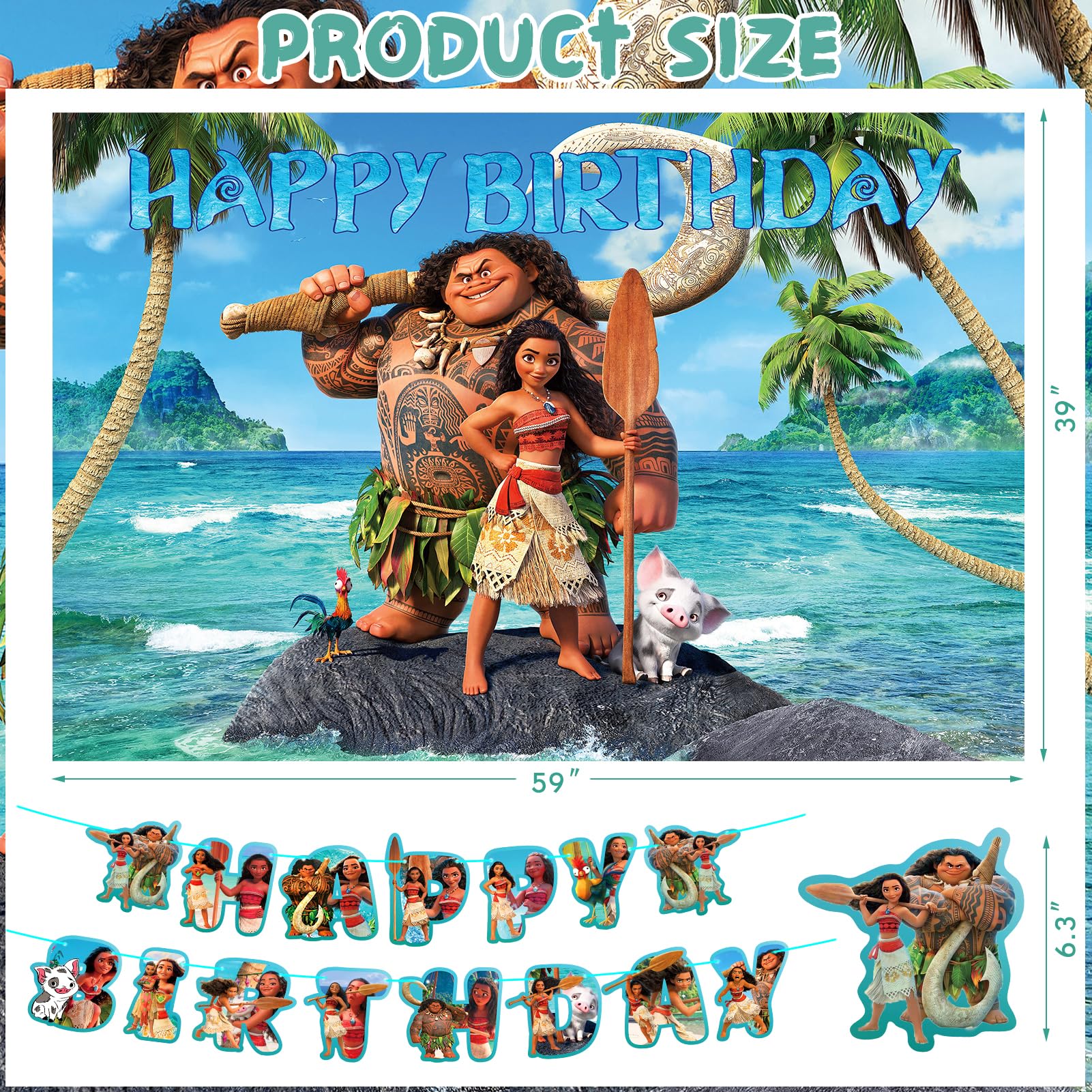 Moana Birthday Party Supplies - Moana Party Decorations include Banner Backdrop Ballons Cake Cupcake Toppers Haning Swirls, Moana Party Supplies