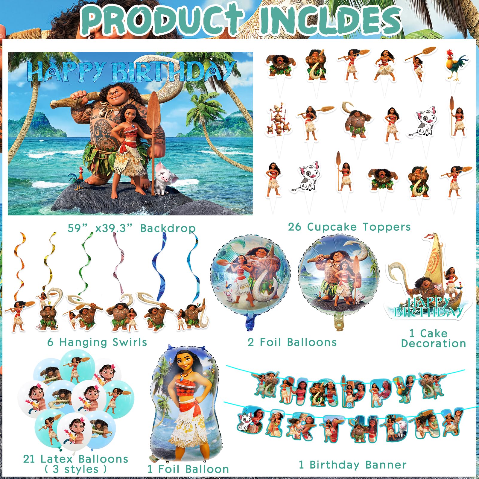 Moana Birthday Party Supplies - Moana Party Decorations include Banner Backdrop Ballons Cake Cupcake Toppers Haning Swirls, Moana Party Supplies