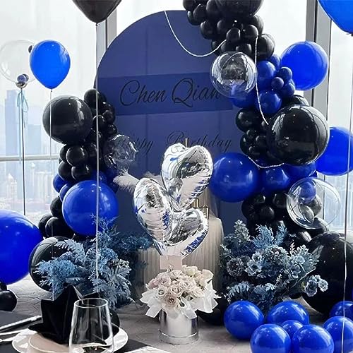 Blue Black and White Balloon Arch Kit, Navy Dark Royal Blue White Black Balloon Garland Kit with Metallic Silver Latex Balloons Explosive Star Foil Balloons for Graduation Gaming Birthday Party Decor