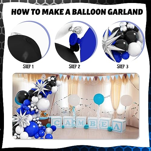 Blue Black and White Balloon Arch Kit, Navy Dark Royal Blue White Black Balloon Garland Kit with Metallic Silver Latex Balloons Explosive Star Foil Balloons for Graduation Gaming Birthday Party Decor