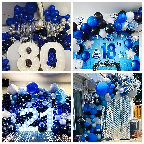 Blue Black and White Balloon Arch Kit, Navy Dark Royal Blue White Black Balloon Garland Kit with Metallic Silver Latex Balloons Explosive Star Foil Balloons for Graduation Gaming Birthday Party Decor