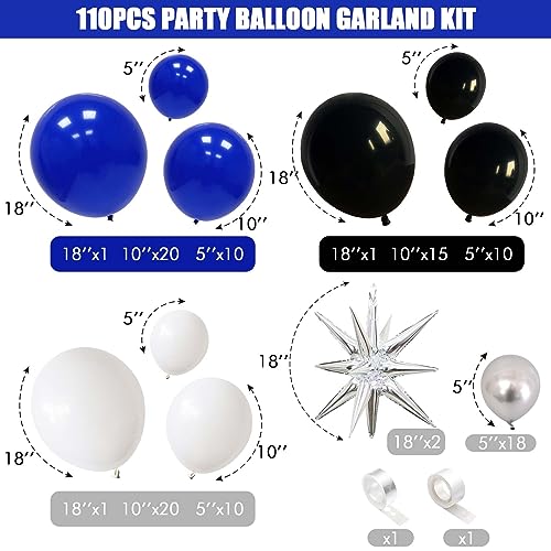 Blue Black and White Balloon Arch Kit, Navy Dark Royal Blue White Black Balloon Garland Kit with Metallic Silver Latex Balloons Explosive Star Foil Balloons for Graduation Gaming Birthday Party Decor