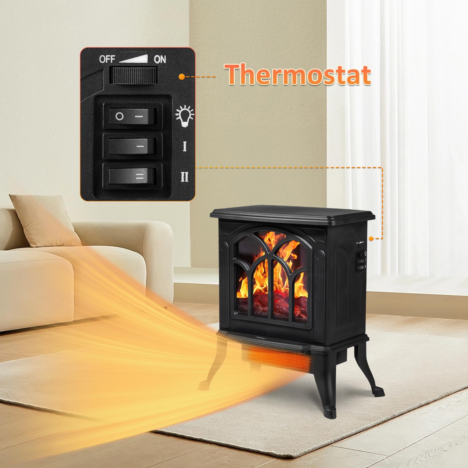 LifePlus Fireplace Heater, Electric Fireplace Stove with 3D Realistic Flame, Portable Fireplace Space Heater for Indoor Use with Thermostat, 750W/1500W Mode, Overheating Protection