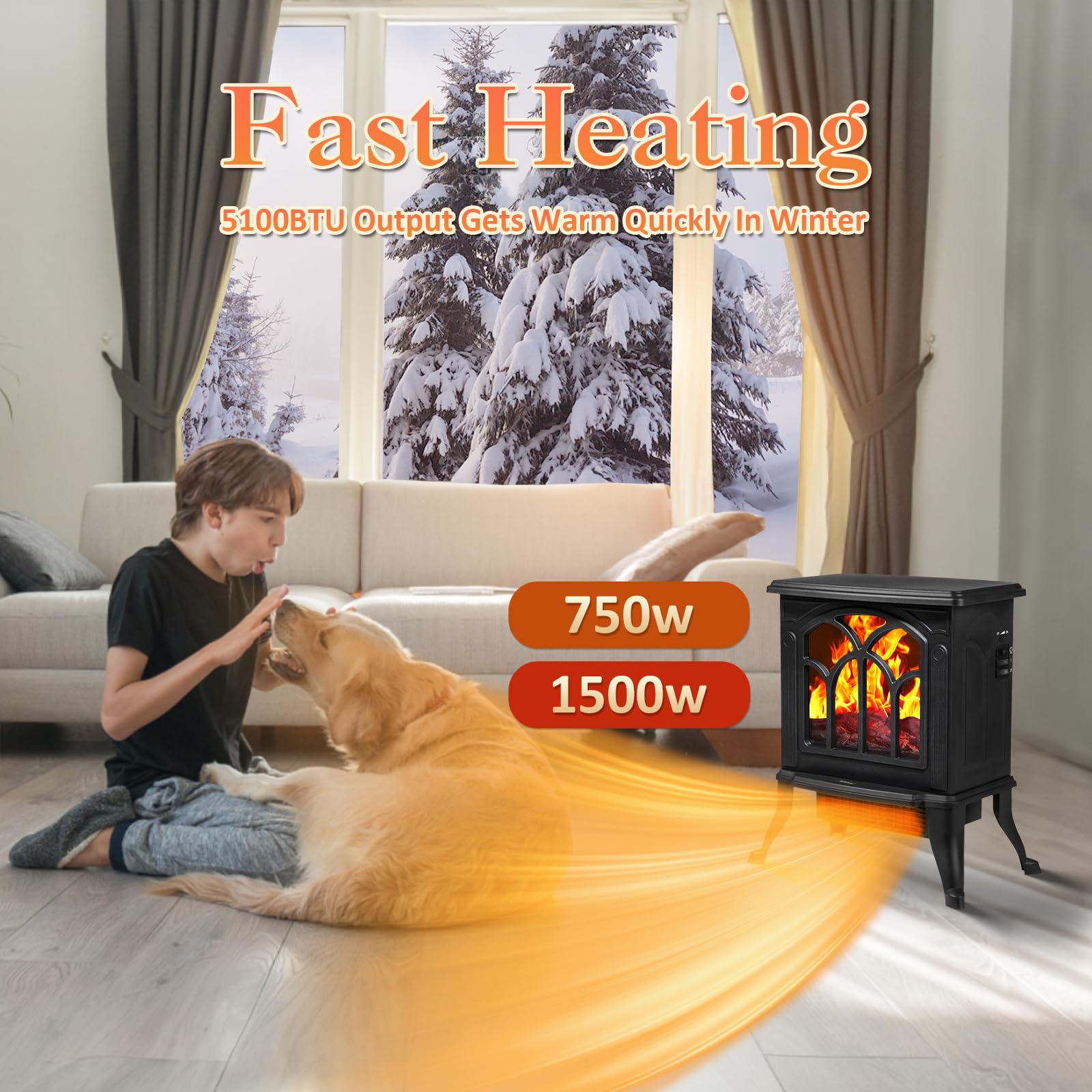 LifePlus Fireplace Heater, Electric Fireplace Stove with 3D Realistic Flame, Portable Fireplace Space Heater for Indoor Use with Thermostat, 750W/1500W Mode, Overheating Protection