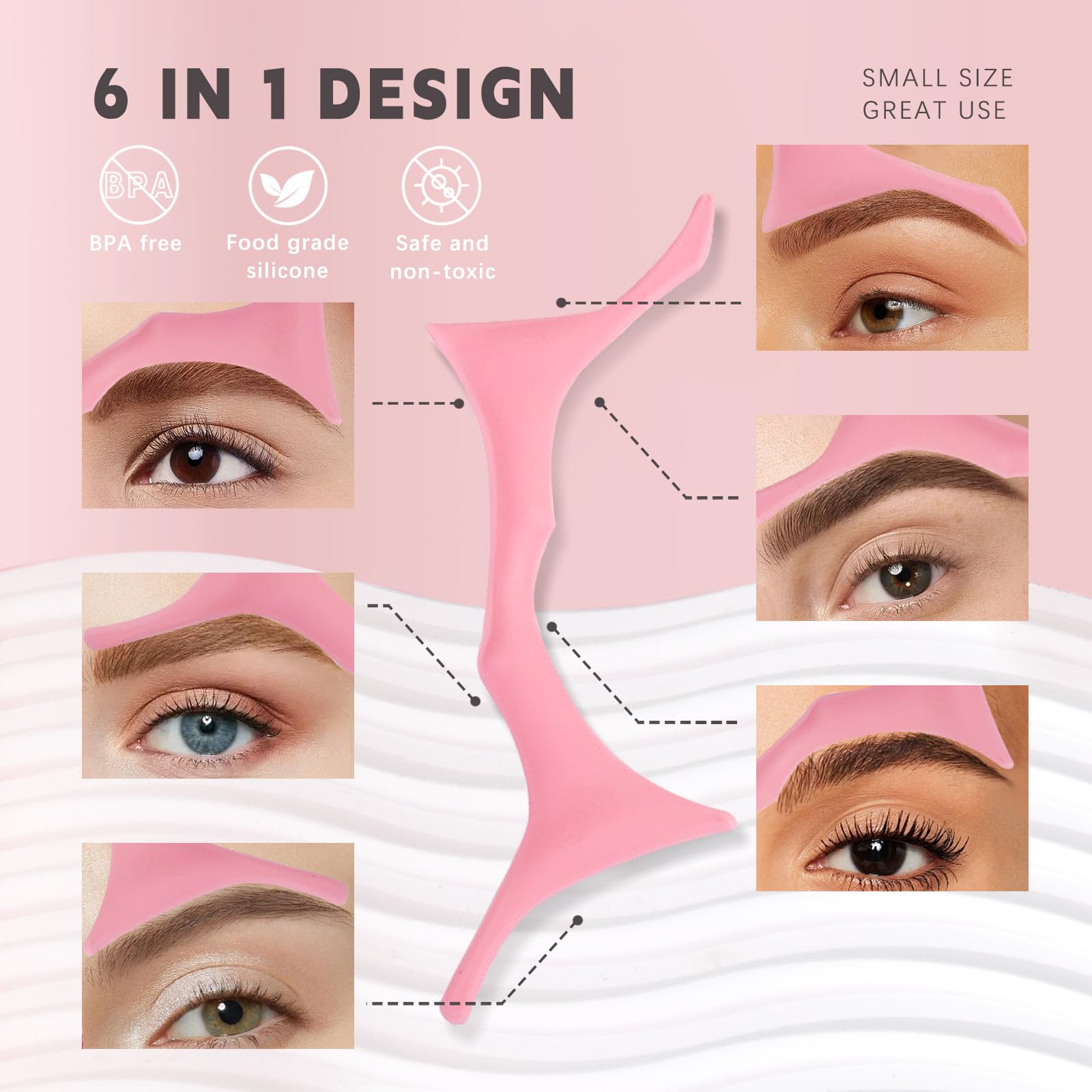 HOSAILY Silicone Eyebrow Stencils, 6 in 1 Reusable Eyebrow Template for Brow Stamp, 6 Eyebrow Shapes Beginners Friendly Eye Makeup Aid Brow Buddy Beauty Ruler, Professional Quick Eye Makeup Tool-Pink