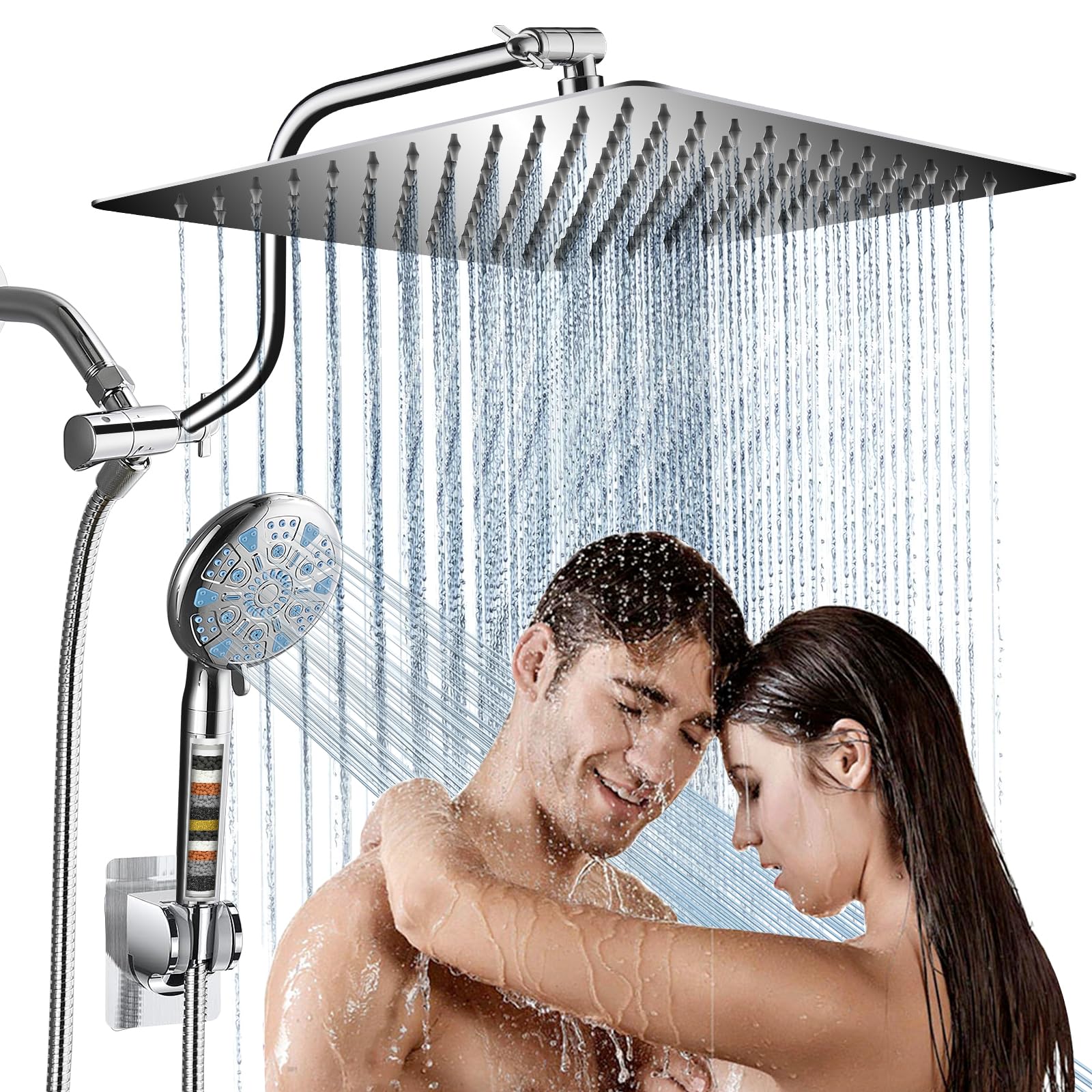 Cobbe 12 Inch All Metal 3-Way Rain Shower Head, High Pressure Shower Head, Dual Shower Heads with Handheld Spray Combo - Upgrade Extension Arm Height Adjustable - 9 Spray Filtered Shower Head, Chrome