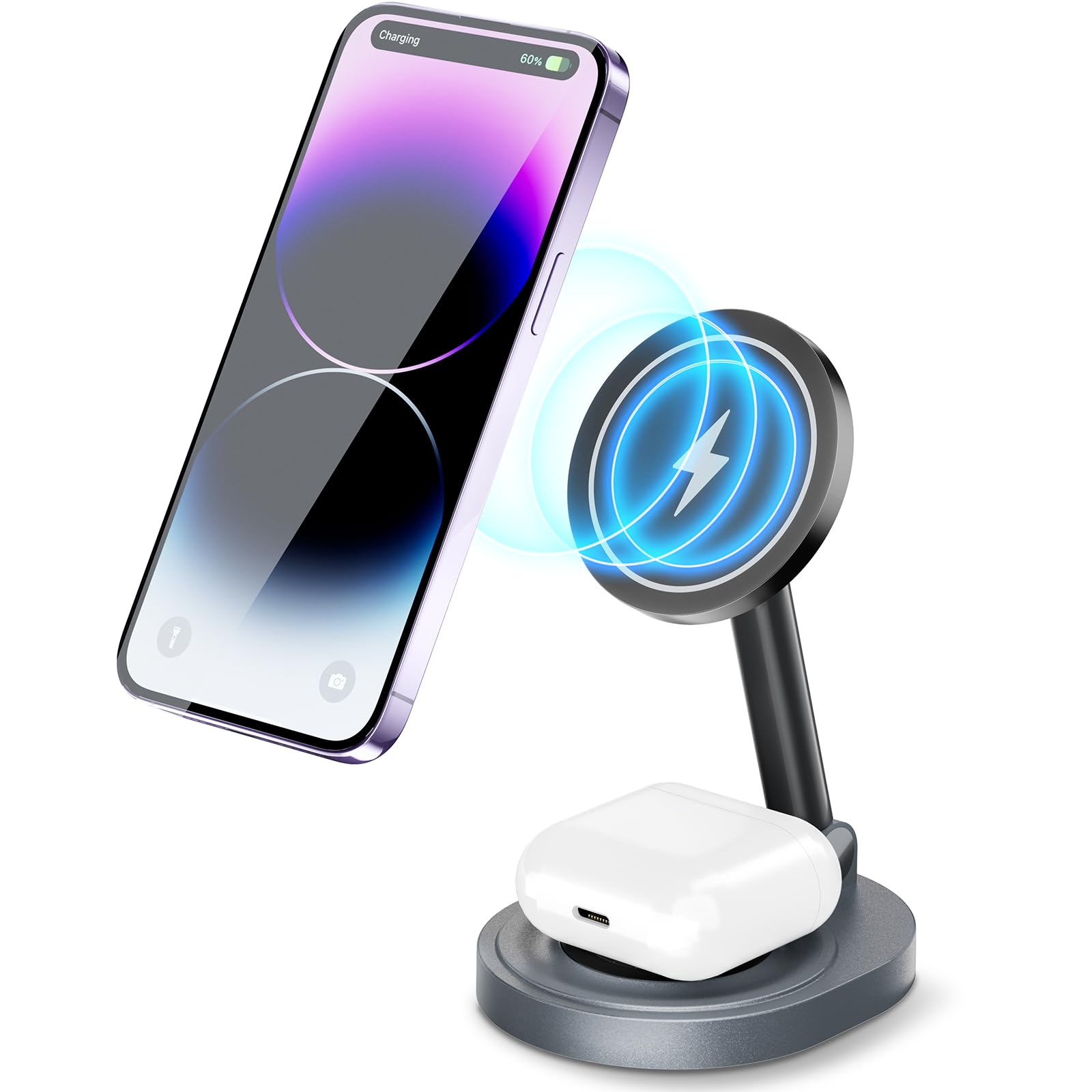 2 in 1 Foldable Magnetic Wireless Charger, 15W Fast Charging Mag-Safe Charger Stand for iPhone 15/14/13/12 Series, Portable Wireless Charging Station for AirPods 3/Pro/2 (with QC3.0 Adapter)